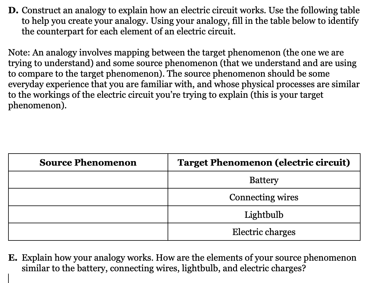 Solved D. Construct an analogy to explain how an electric | Chegg.com