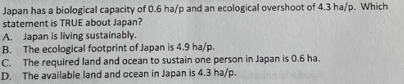 Solved Japan has a biological capacity of 0.6 ha/p and an | Chegg.com