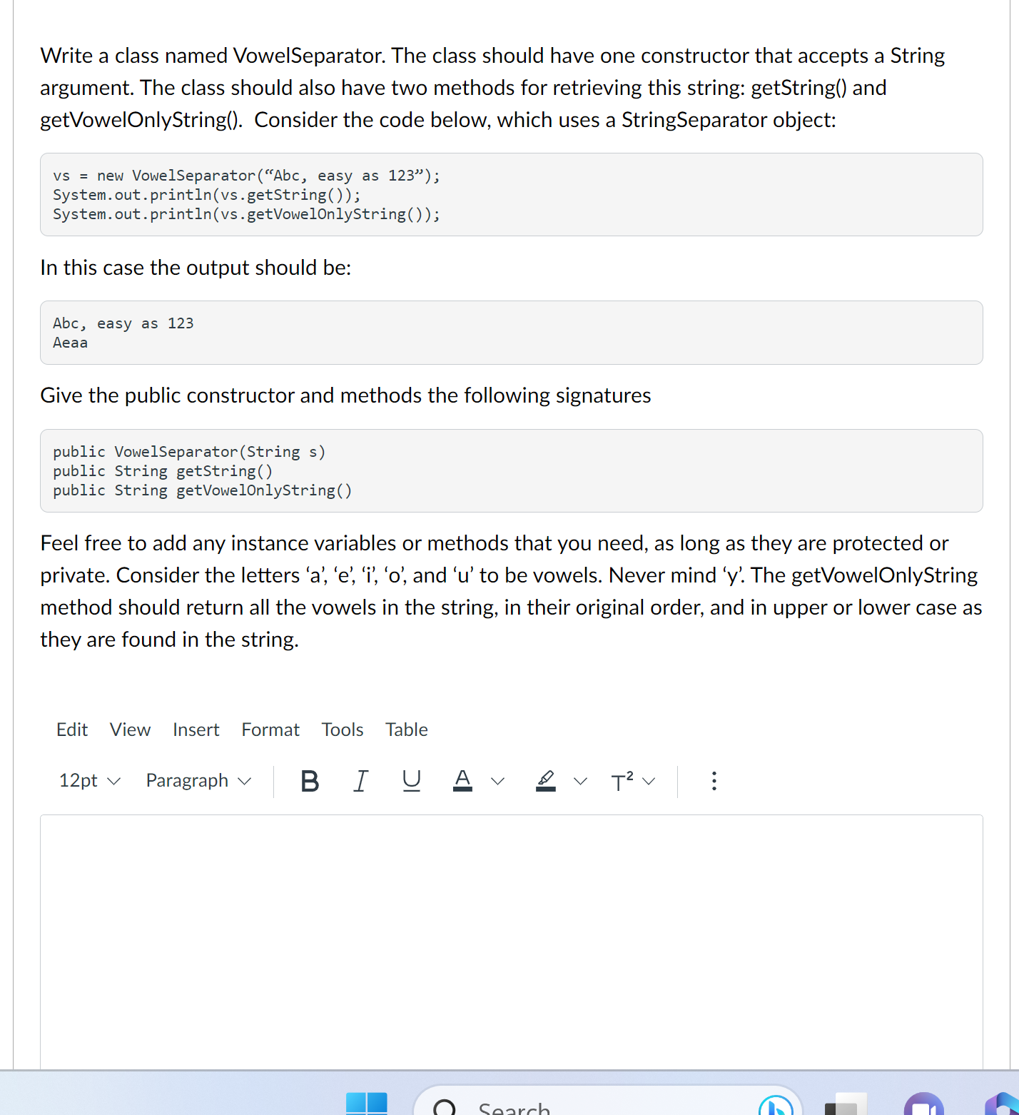 Solved Write a class named VowelSeparator. The class should | Chegg.com