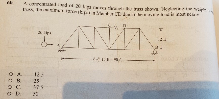 Solved 60. A concentrated load of 20 kips moves through the | Chegg.com