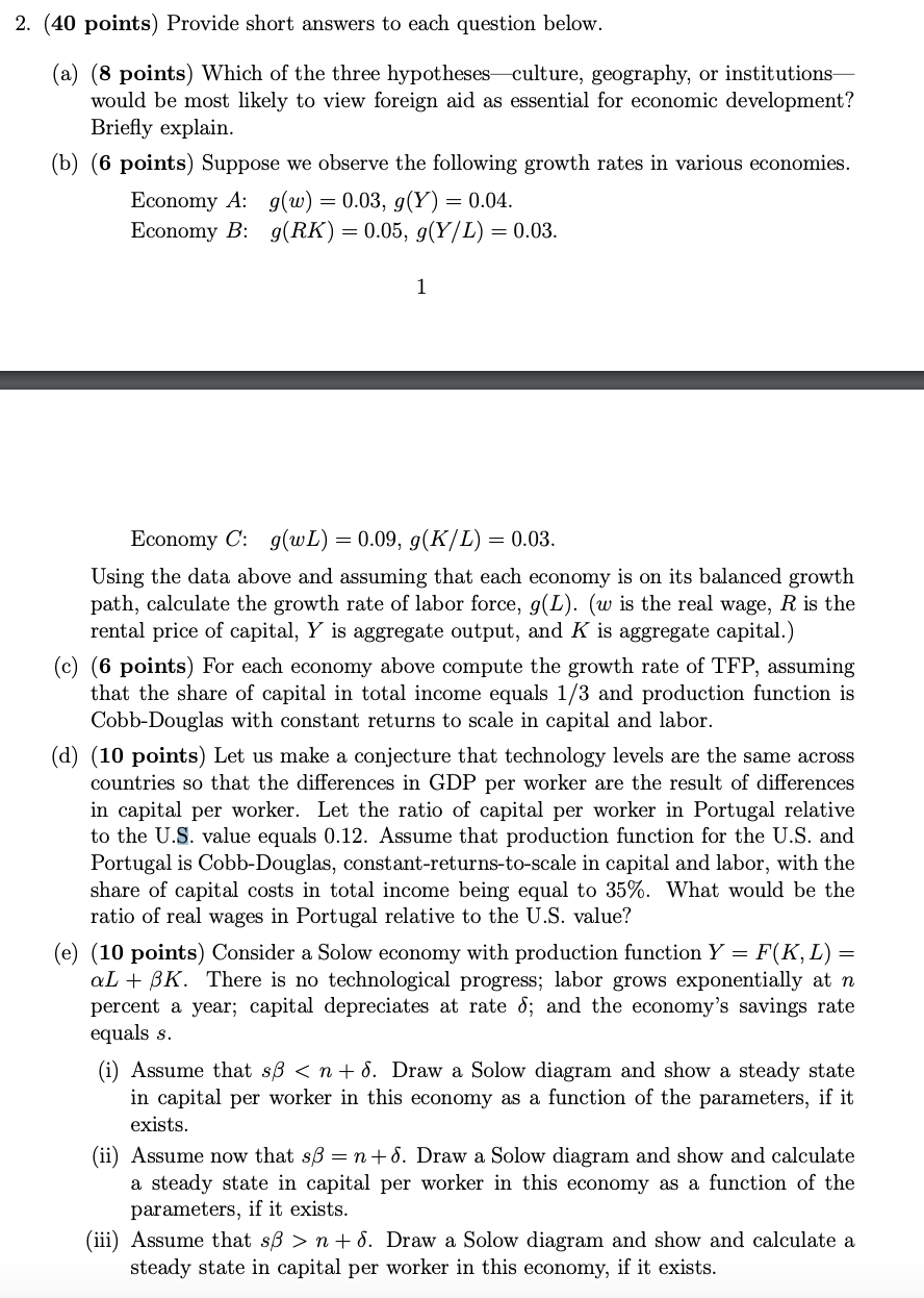 Solved 2. (40 points) Provide short answers to each question | Chegg.com