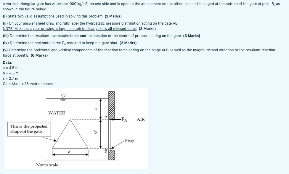 Solved A vertical triangular gate has water (p=1000 kg/m?) | Chegg.com