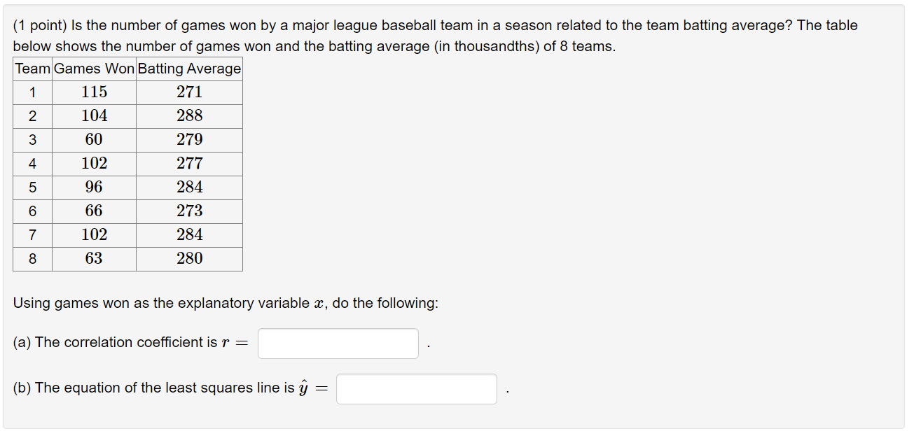 Solved (1 point) Is the number of games won by a major | Chegg.com