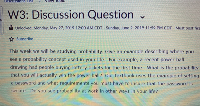 Solved W3: Discussion Question v 9 Unlocked: Monday, May 27, | Chegg.com