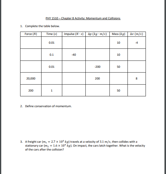 Solved PHY 1510 - Chapter 8 Activity: Momentum and | Chegg.com