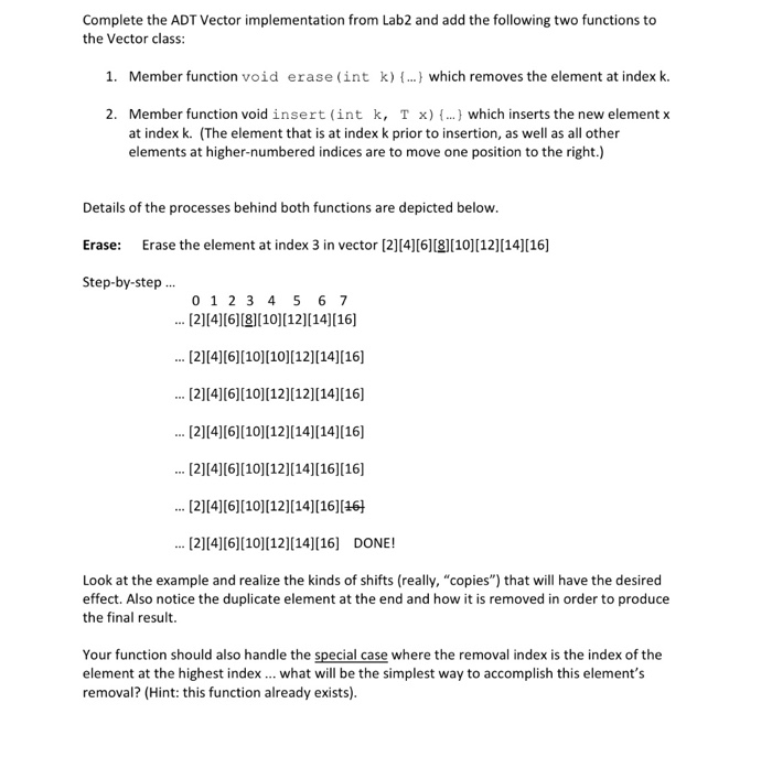 Solved Complete the ADT Vector implementation from Lab2 and | Chegg.com