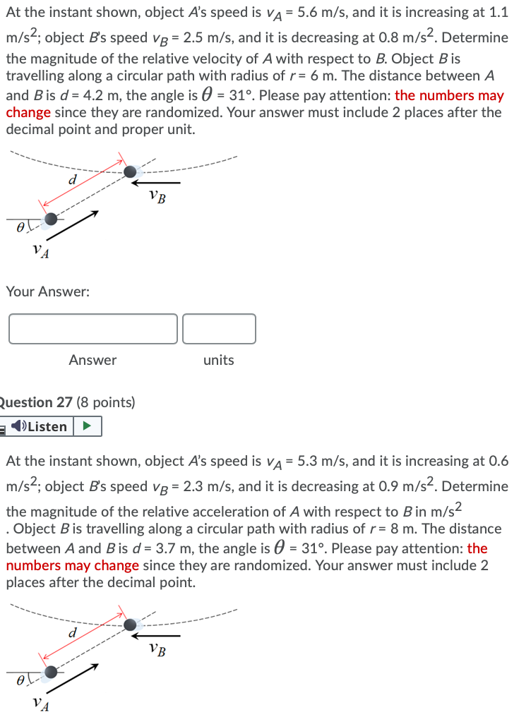 Solved At the instant shown, object A's speed is VA = 5.6 | Chegg.com