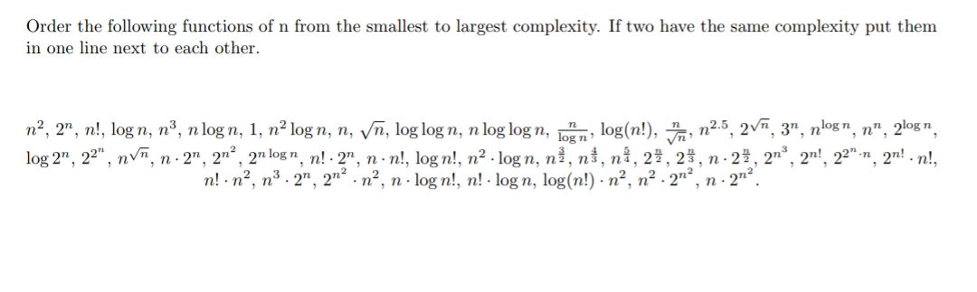 Solved Order the following functions of n from the smallest | Chegg.com