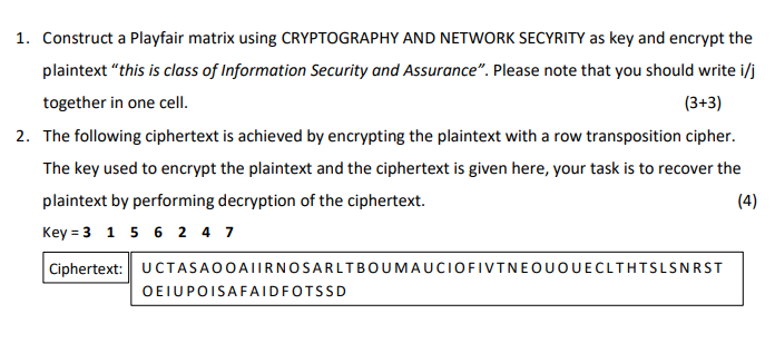 Solved 1. Construct a Playfair matrix using CRYPTOGRAPHY AND | Chegg.com