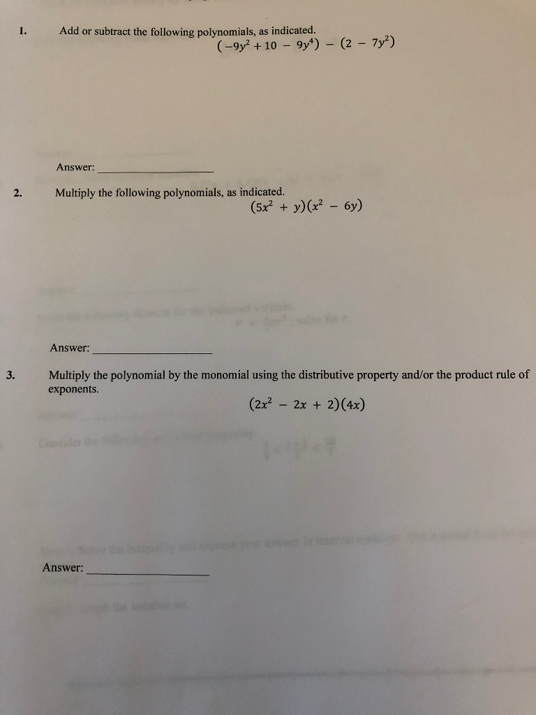 Solved 1. Add or subtract the following polynomials, as | Chegg.com