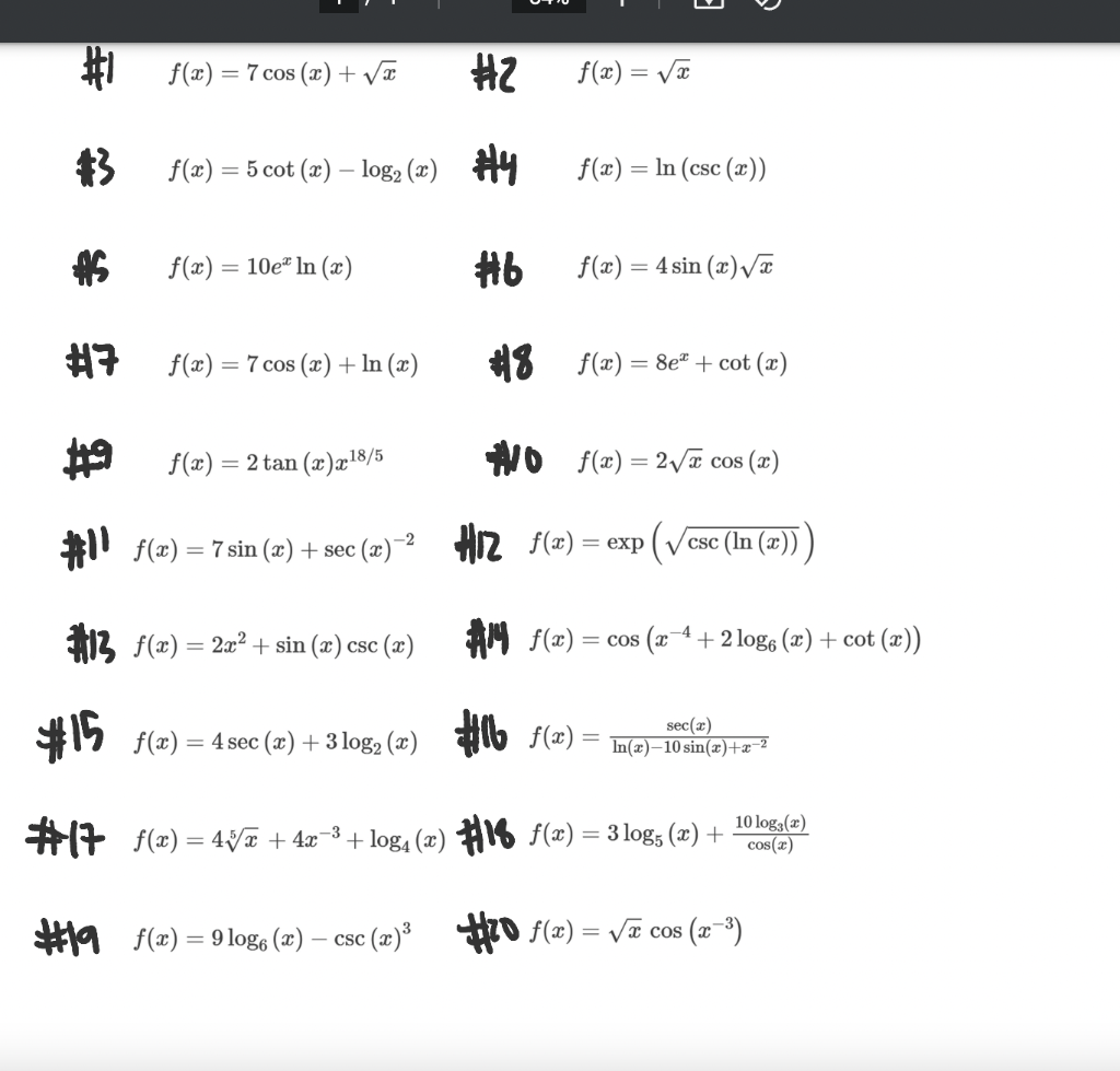Solved मf f(x)=7cos(x)+x th f(x)=x \{3 f(x)=5cot(x)−log2(x) | Chegg.com Solved मf f(x)=7cos(x)+x th f(x)=x \{3 f(x)=5cot(x)−log2(x) | Chegg.com