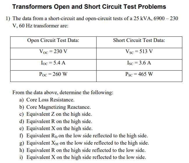 Solved Transformers Open and Short Circuit Test Problems The | Chegg.com