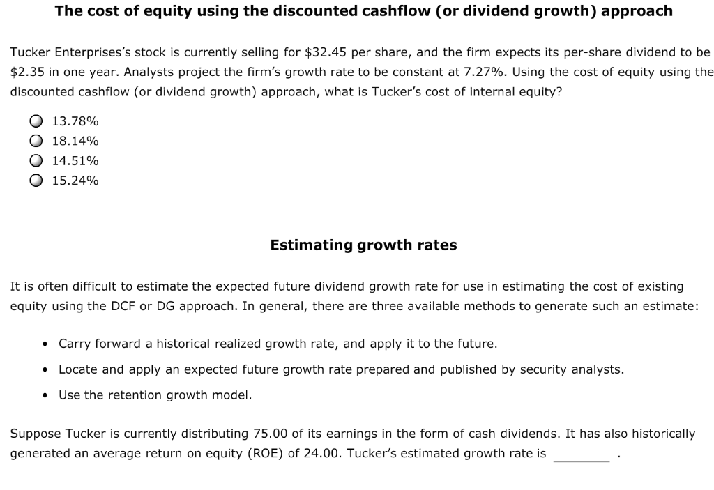 Solved The cost of equity using the CAPM approach The | Chegg.com