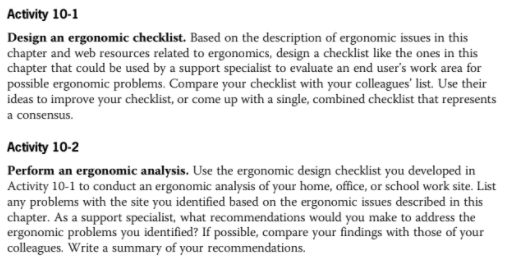 Solved Activity 10-1 Design an ergonomic checklist. Based on | Chegg.com