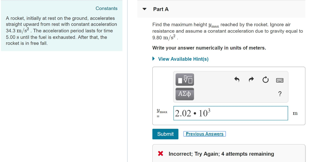 Solved Constants Part A A rocket, initially at rest on the | Chegg.com