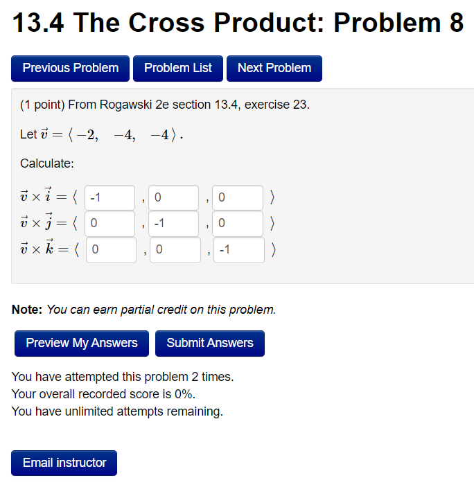 Solved 13.4 The Cross Product: Problem 8 Previous Problem | Chegg.com
