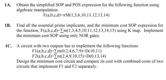 Solved 1A. Obtain the simplified SOP and POS expression for | Chegg.com