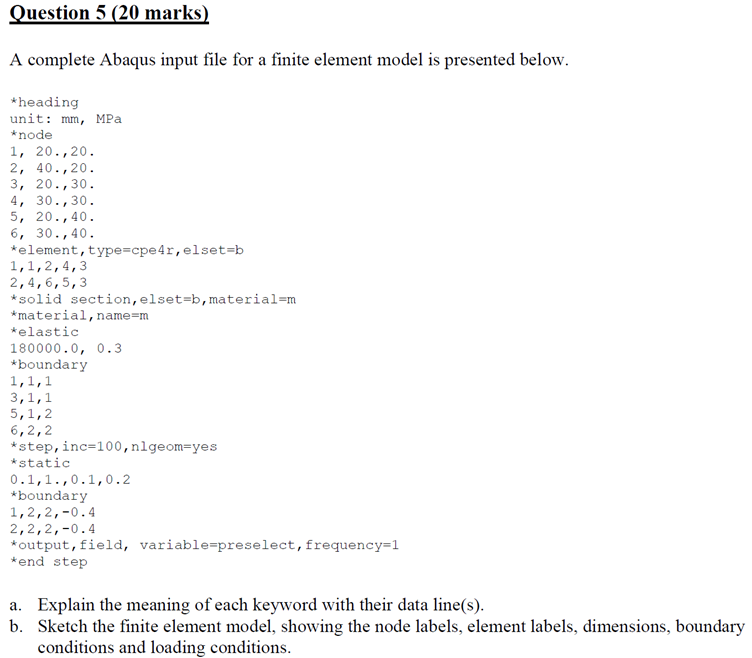 Question 5 (20 marks) A complete Abaqus input file | Chegg.com