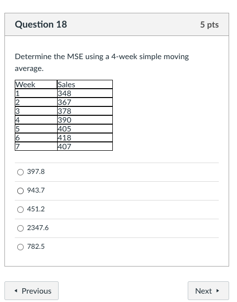 Solved Question 18 5 pts Determine the MSE using a 4-week | Chegg.com