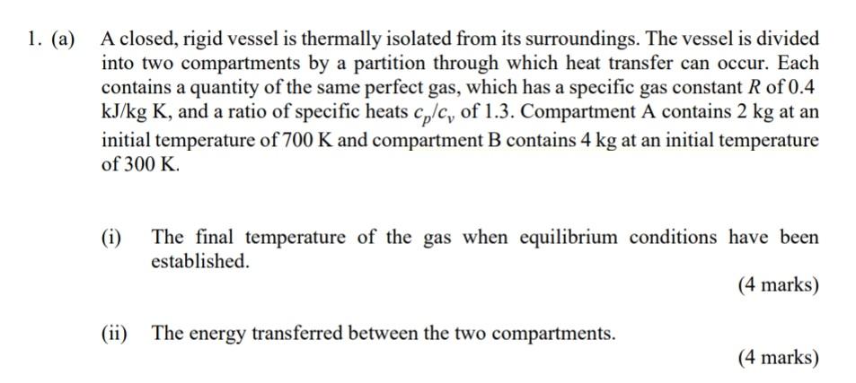 Solved 1. (a) A closed, rigid vessel is thermally isolated | Chegg.com