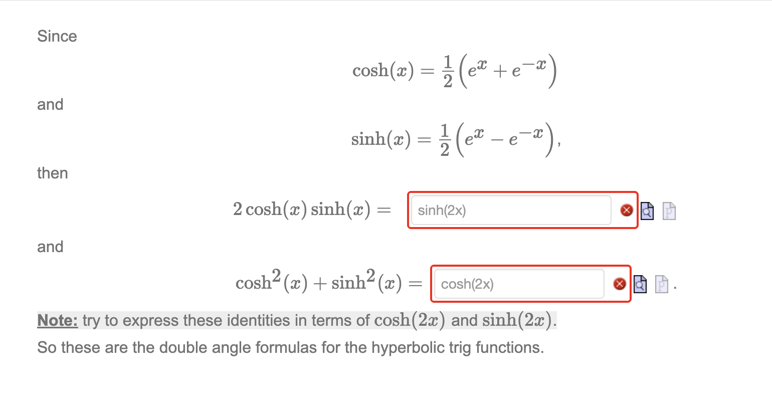 Solved Since = 1 2 and cosh(x) = { (e® tec) +-0 sinh(z) = | Chegg.com