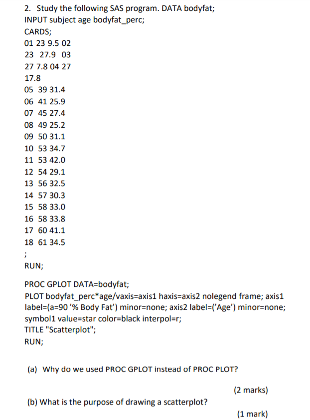Solved 2. Study the following SAS program. DATA bodyfat; | Chegg.com