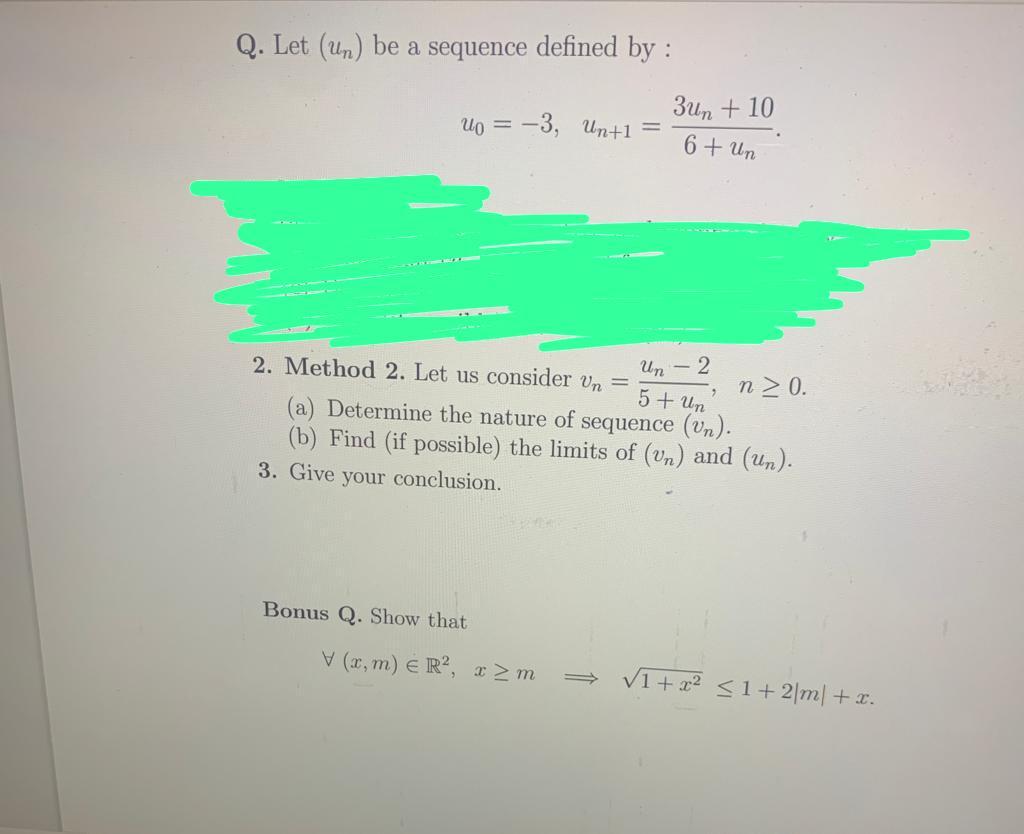 Solved Q. Let (un) be a sequence defined by : | Chegg.com