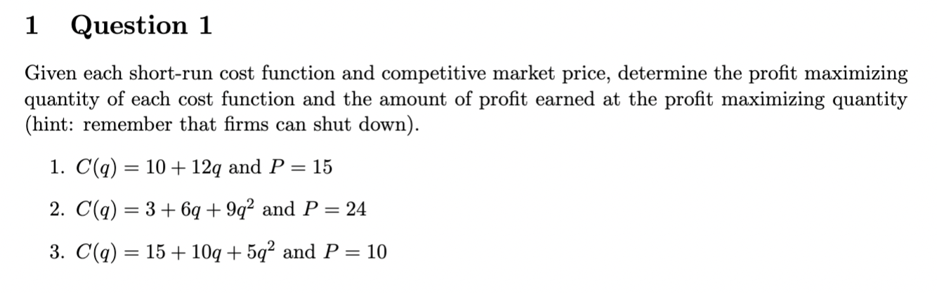 Solved Given each short-run cost function and competitive | Chegg.com