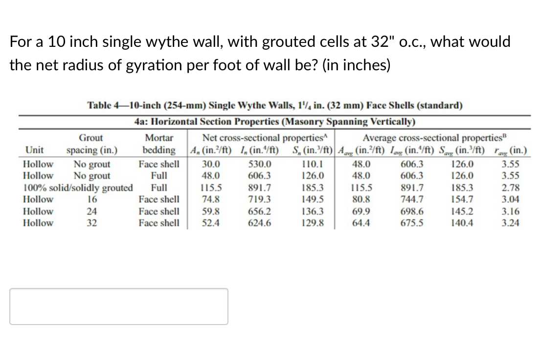 For a 10 inch single wythe wall, with grouted cells | Chegg.com