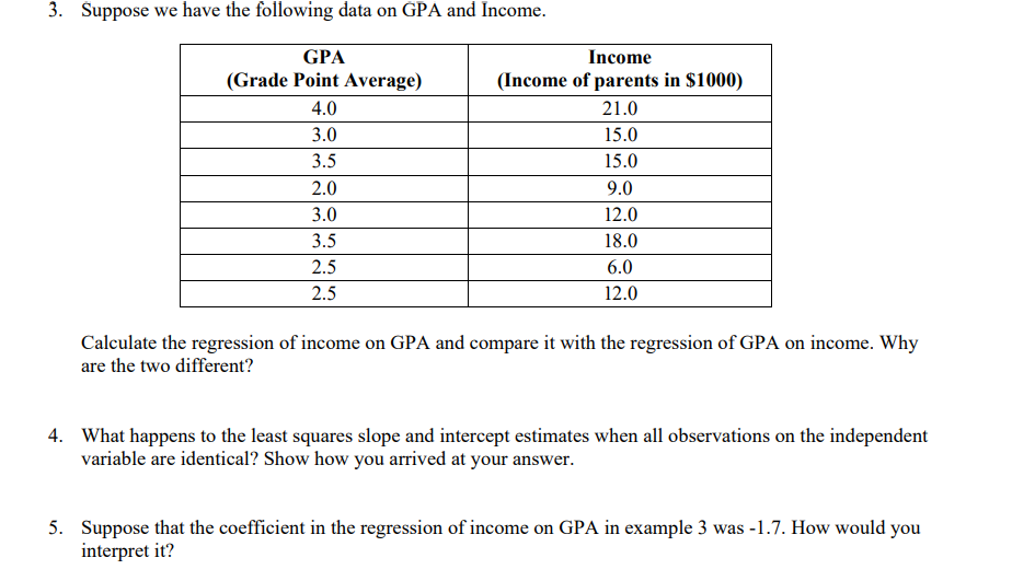Solved 3. Suppose we have the following data on GPA and | Chegg.com