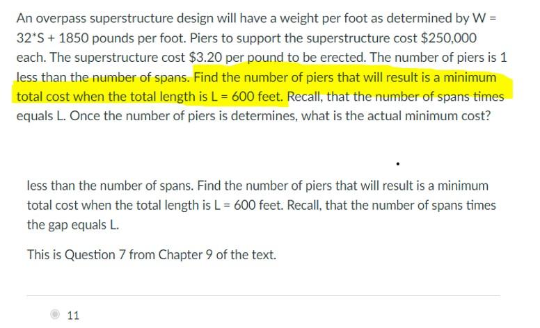 Solved An overpass superstructure design will have a weight | Chegg.com