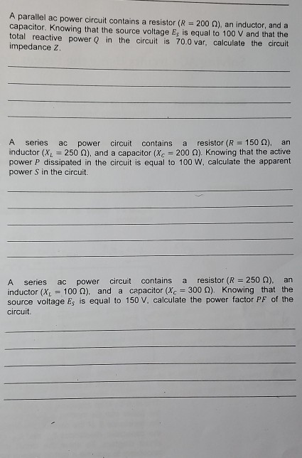 Solved A parallel ac power circuit contains a resistor (R = | Chegg.com