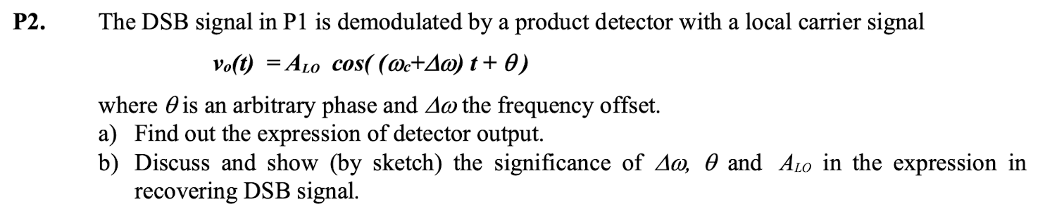 Solved P2. = The DSB signal in P1 is demodulated by a | Chegg.com