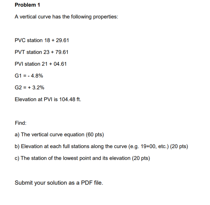 Solved Problem 1 A vertical curve has the following | Chegg.com