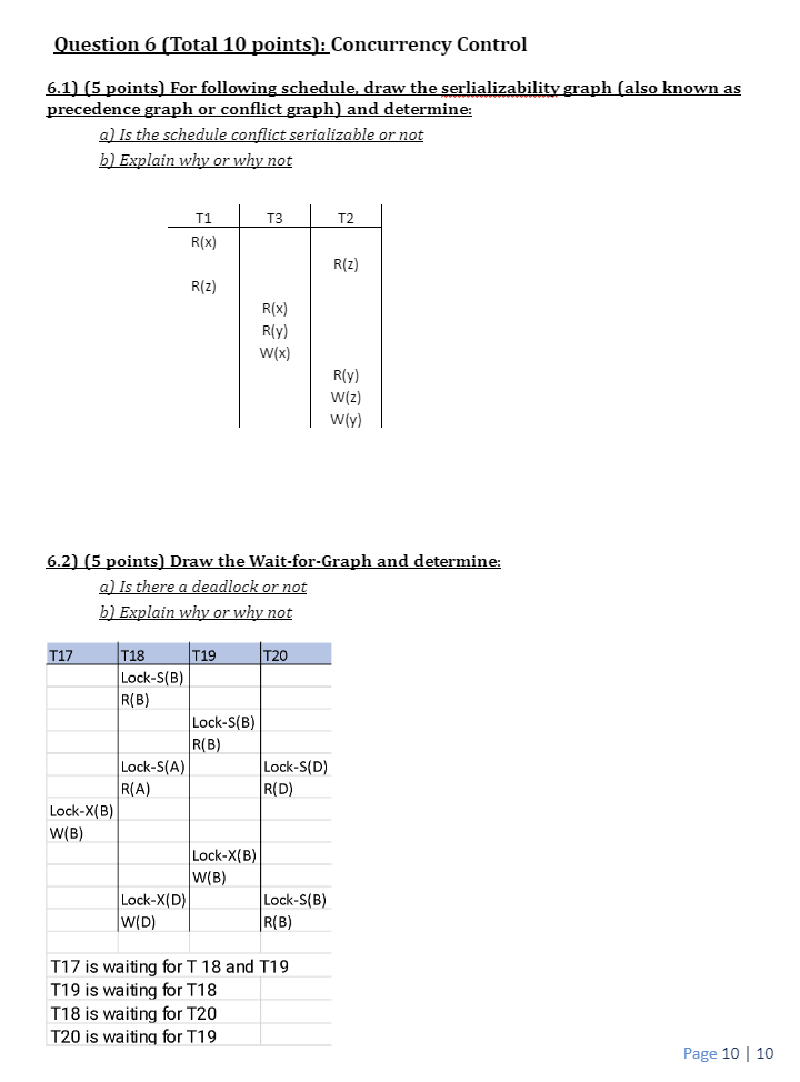 Question 6 (Total 10 points): Concurrency Control | Chegg.com