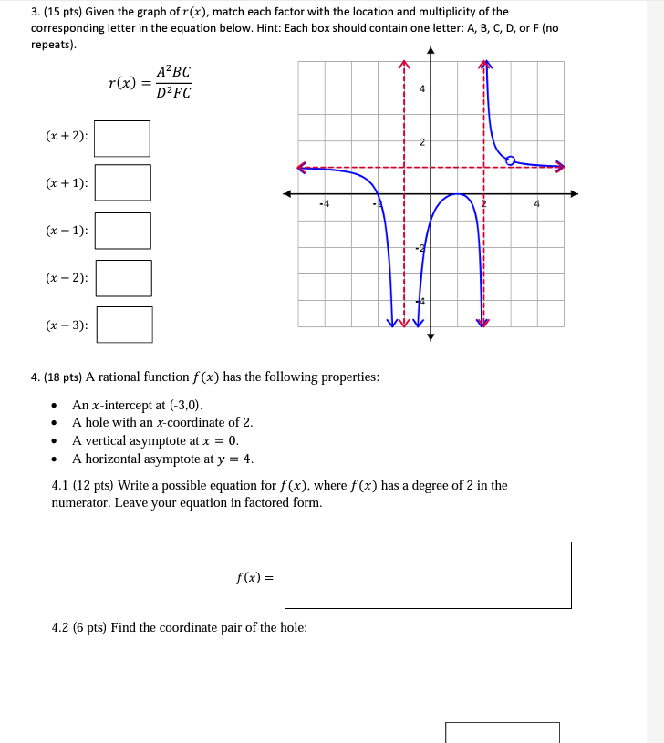 Solved 3. (15 pts) Given the graph of r(x), match each | Chegg.com