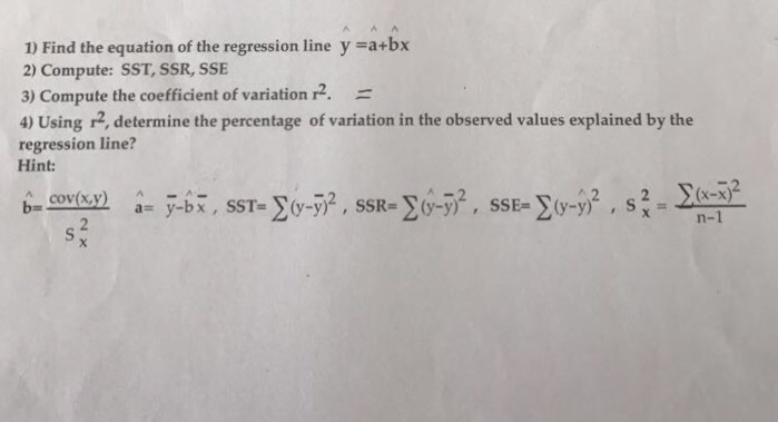Find the equation of the regression line y = a + bx | Chegg.com