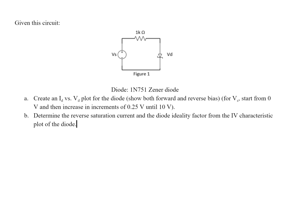Solved Given this circuit: 1kΩ Vs Vd Figure 1 Diode: 1N751 | Chegg.com