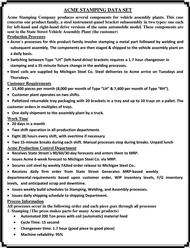 ACME STAMPING DATA SET Acme Stamping Company produces | Chegg.com