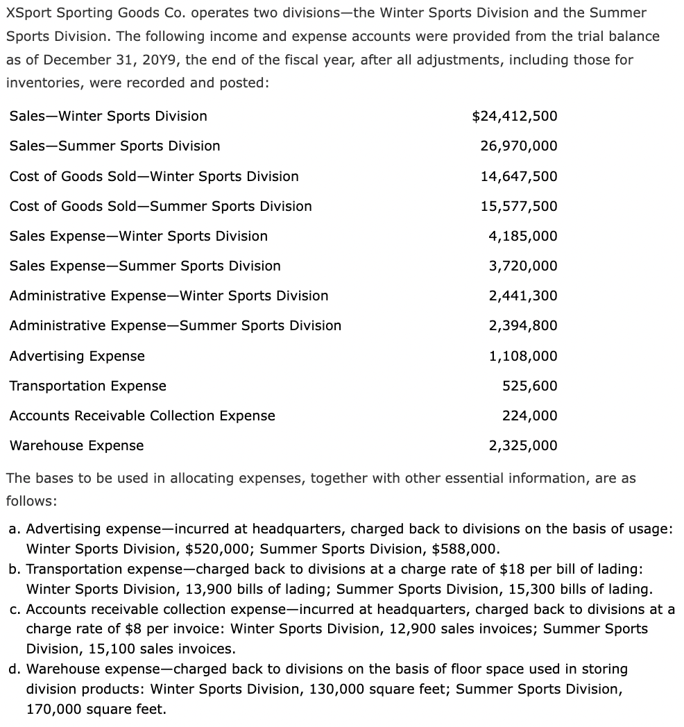 Solved XSport Sporting Goods Co. operates two divisions-the | Chegg.com