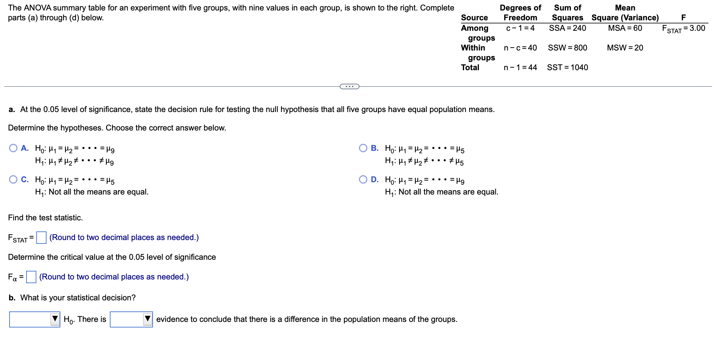 Solved The ANOVA summary table for an experiment with five | Chegg.com