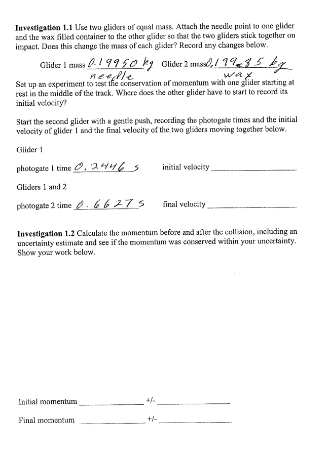 Solved Investigation 1.1 Use two gliders of equal mass. | Chegg.com