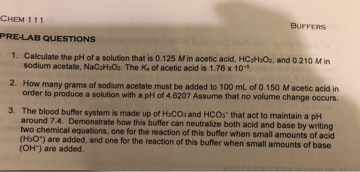Solved CHEM 11 1 BUFFERS PRE-LAB QUESTIONS 1. Calculate the | Chegg.com