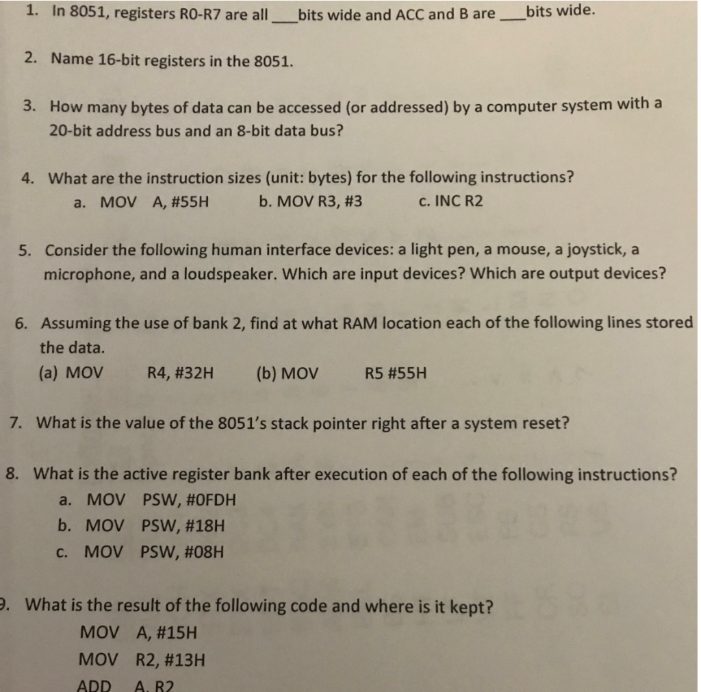 Solved 1. In 8051, registers RO-R7 are all bits wide and ACC | Chegg.com