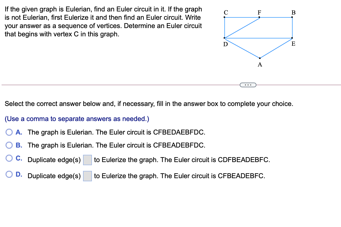 Solved с F B If the given graph is Eulerian, find an Euler | Chegg.com