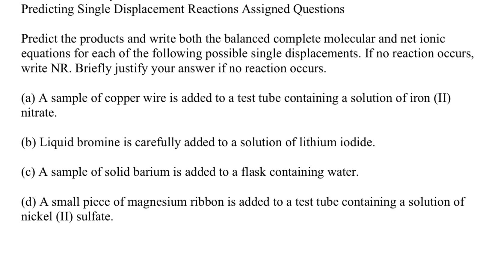Solved Predicting Single Displacement Reactions Assigned | Chegg.com