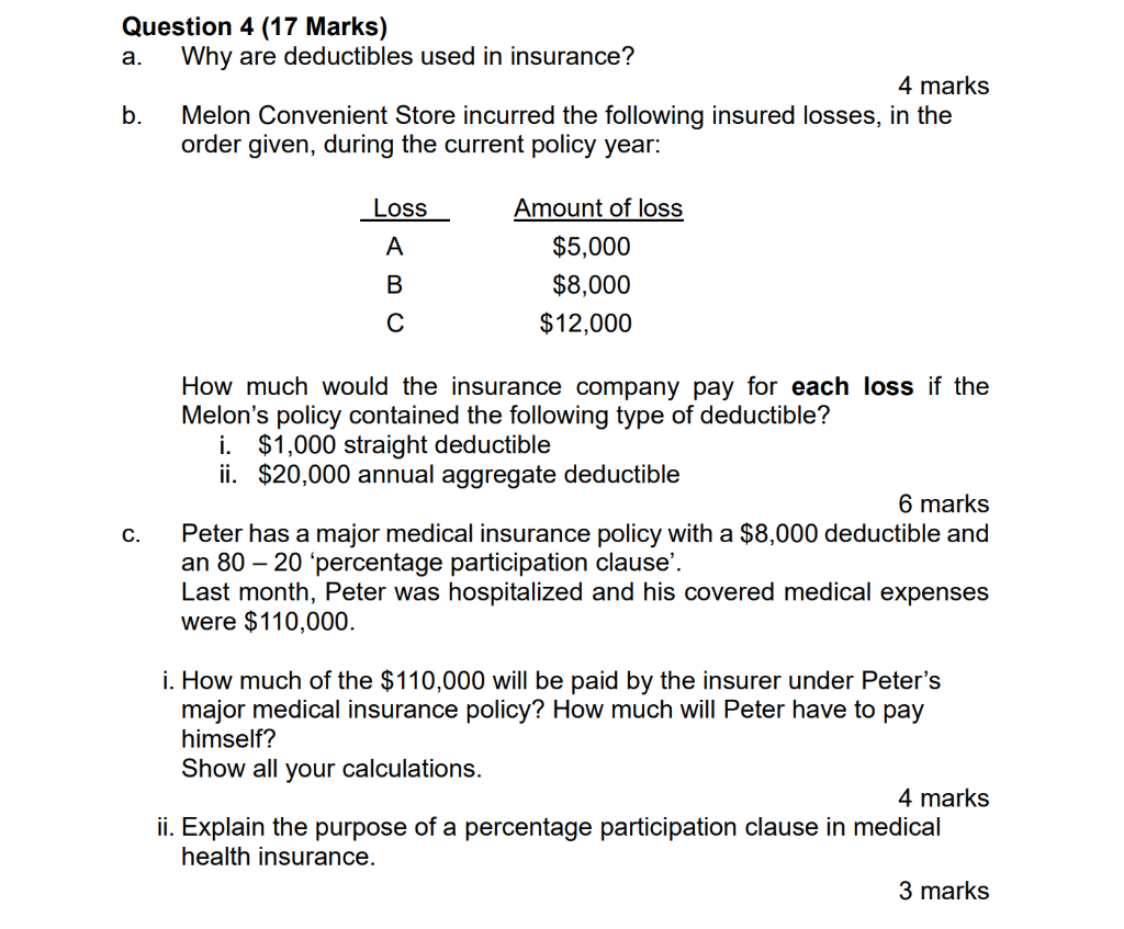 Question 4 (17 Marks) a. Why are deductibles used in | Chegg.com