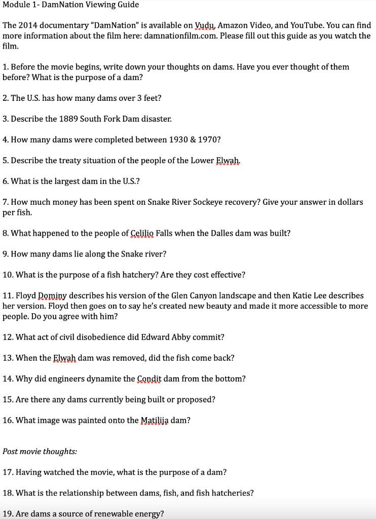 Solved Module 1- DamNation Viewing Guide The 2014 | Chegg.com