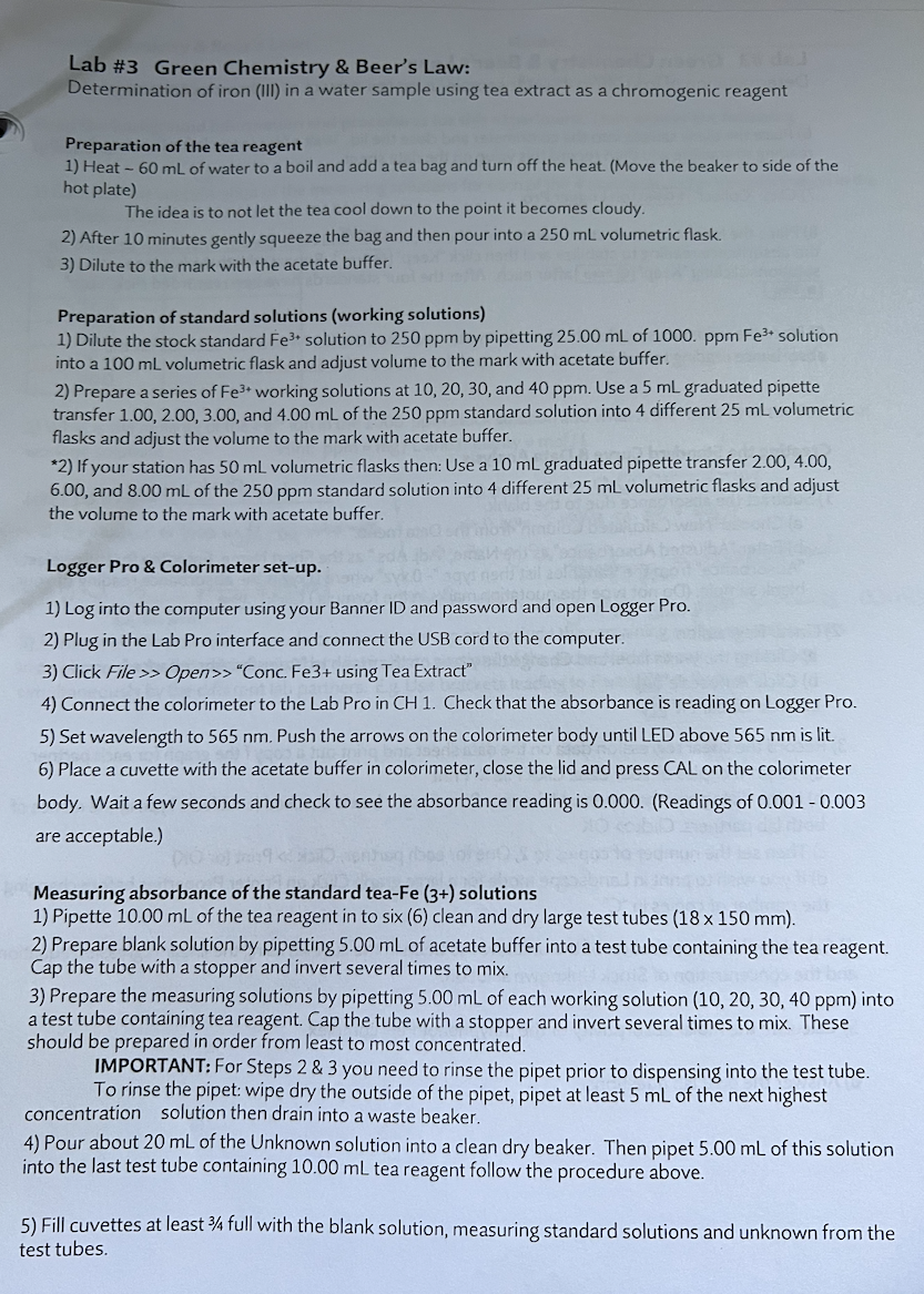 Solved Lab \#3 Green Chemistry \& Beer's Law: Determination | Chegg.com