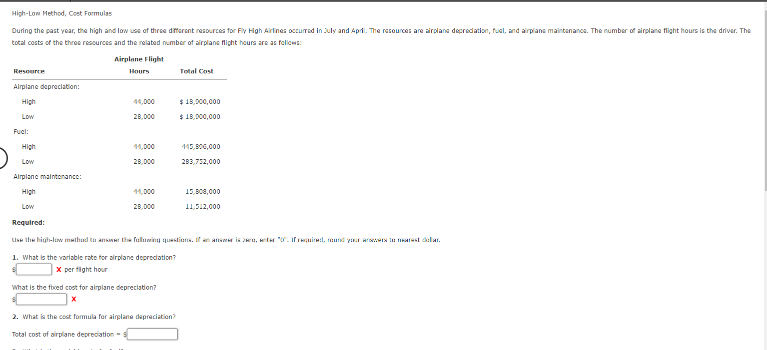 Solved High-Low Method, Cost Formulas total costs of the | Chegg.com